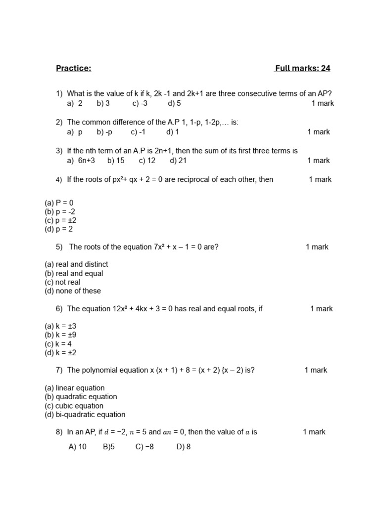 AP & Quadratic Eqn Practice | PDF | Equations | Zero Of A Function