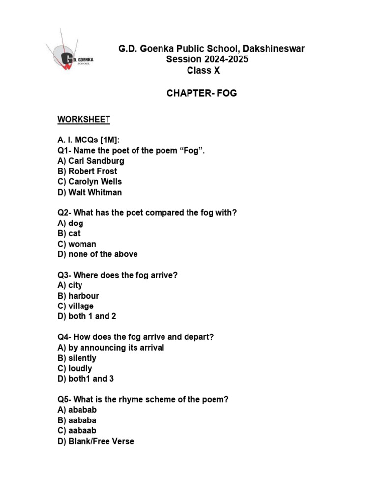 Fog Worksheet | PDF | Poetry