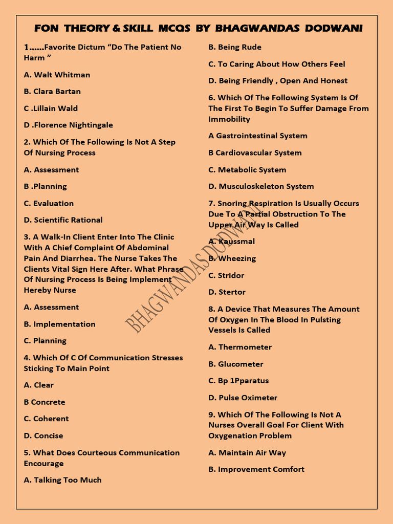 FON and SKILL THEORY MCQS BY BHAGWANDS | PDF | Medicine | Diseases And Disorders