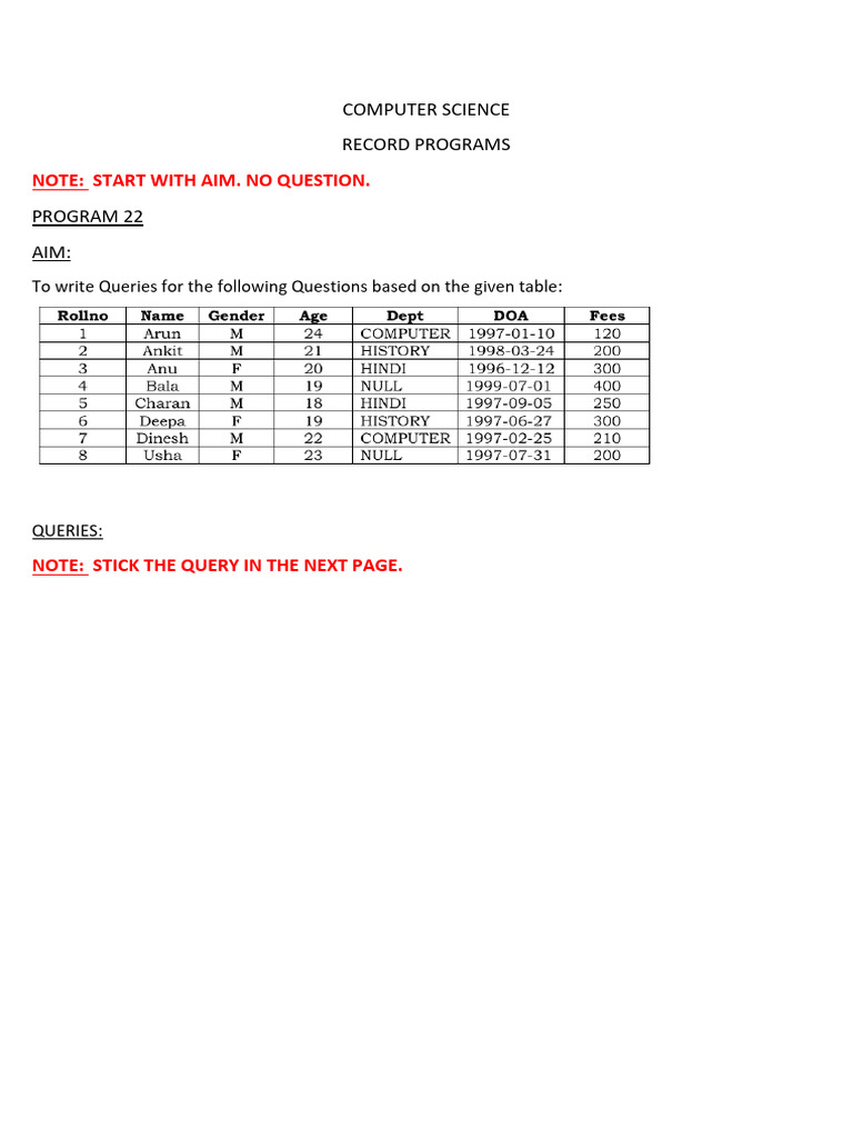 Computer Science Record Programs: To Write Queries For The Following Questions Based On The ...