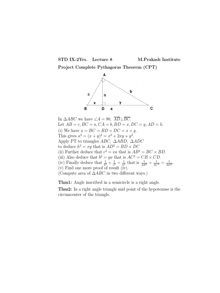 STD IX-2Yrs. M.Prakash Institute Project Complete Pythagoras Theorem (CPT) | PDF | Triangle ...