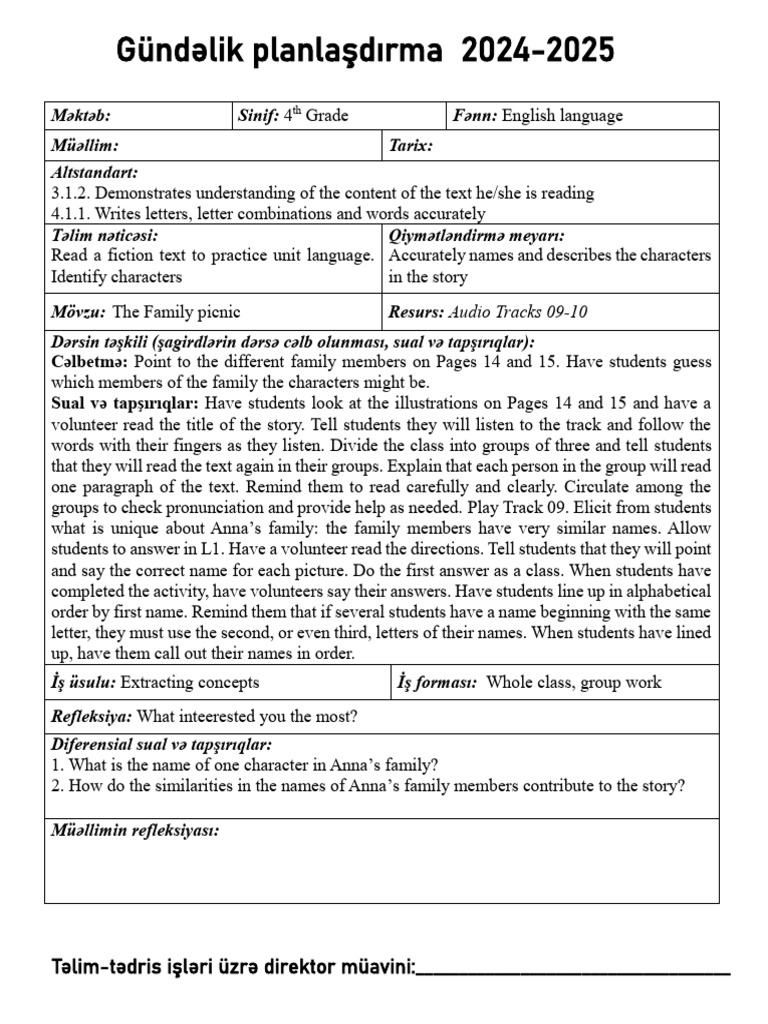 4th Grade English Lesson Plan 2024-2025 | PDF | Language Arts ...