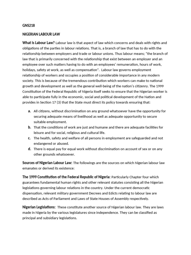 Nigerian Labour Law Overview | PDF | Employment | Offer And Acceptance