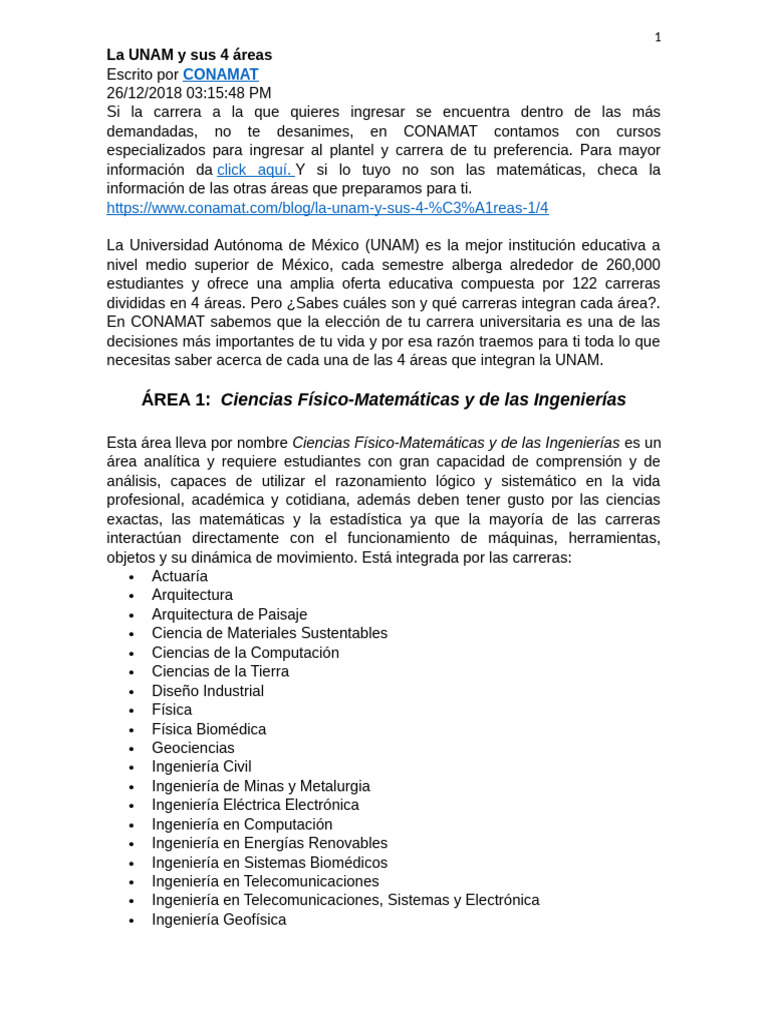 Unam y Sus 4 Áreas | PDF | Ingeniería | Science