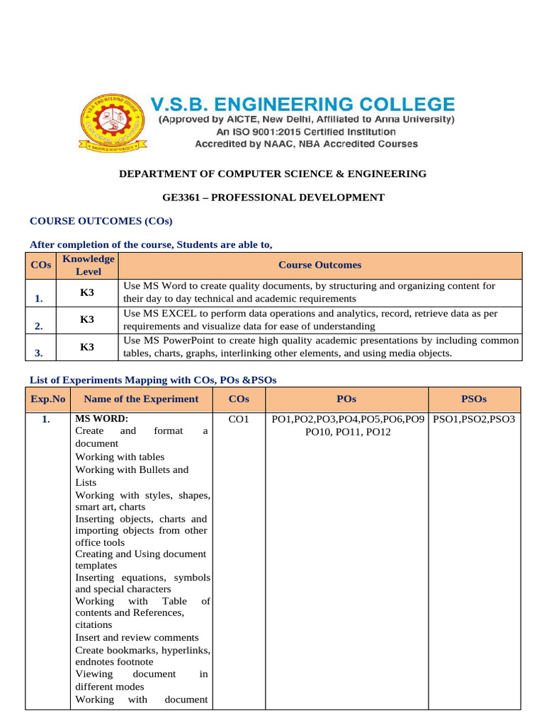 Professional Development Lab Manual - New | PDF | Microsoft Excel ...