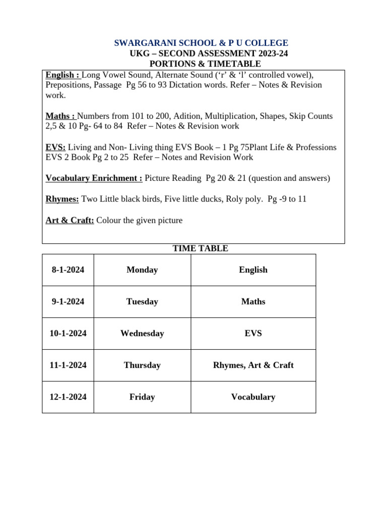 2nd Assessment Portions and Timetable UKG 2023-24 | PDF
