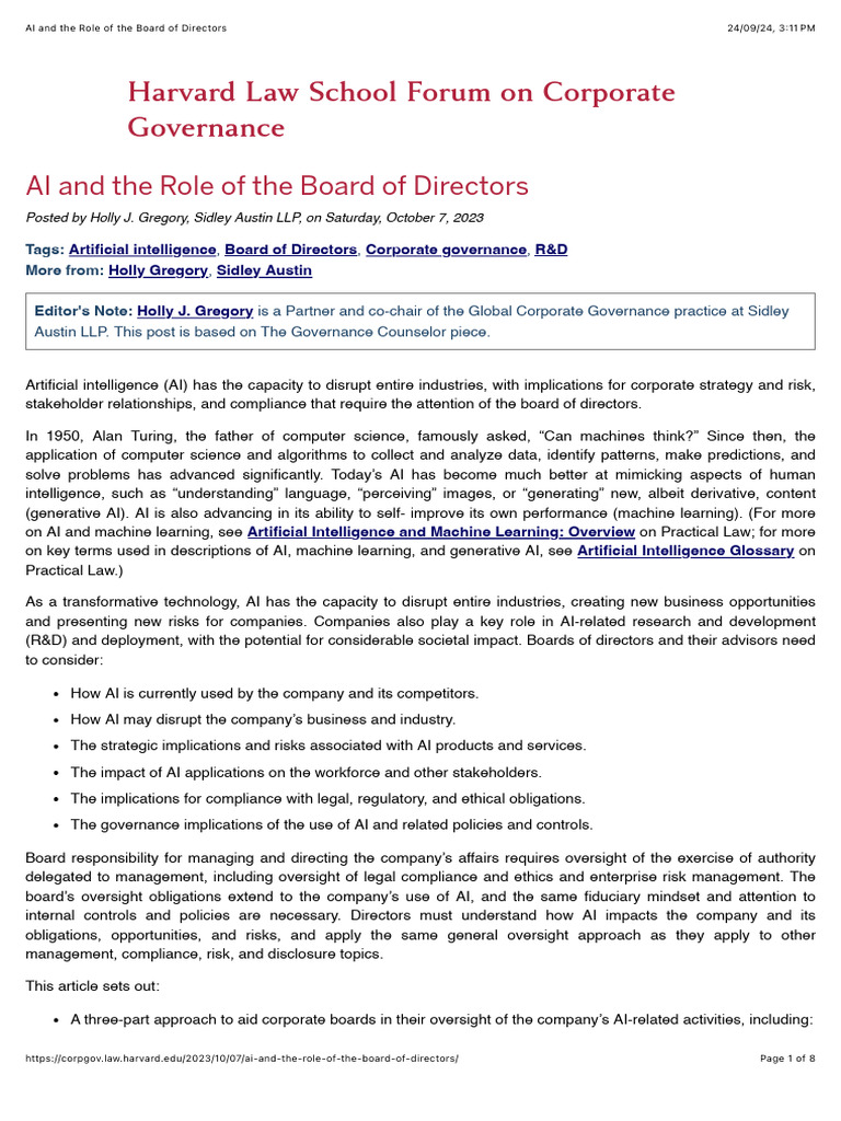 AI and the Role of the Board of Directors | PDF | Artificial ...