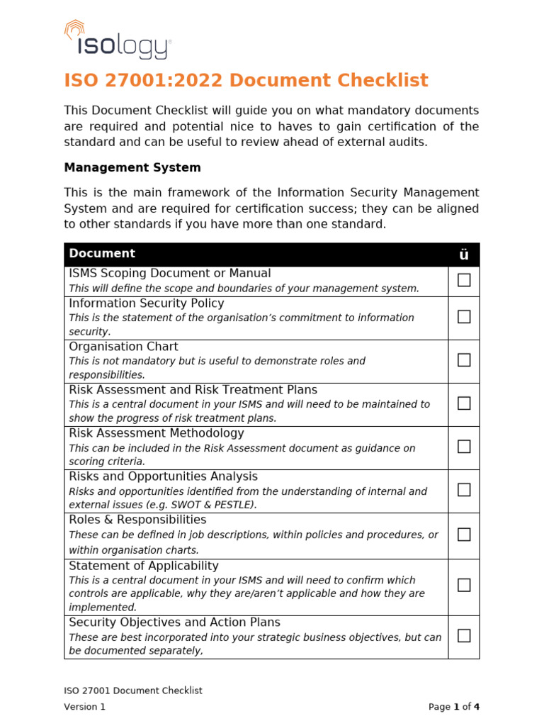 ISO27001-2022-Document-Checklist | PDF | Information Security | Risk