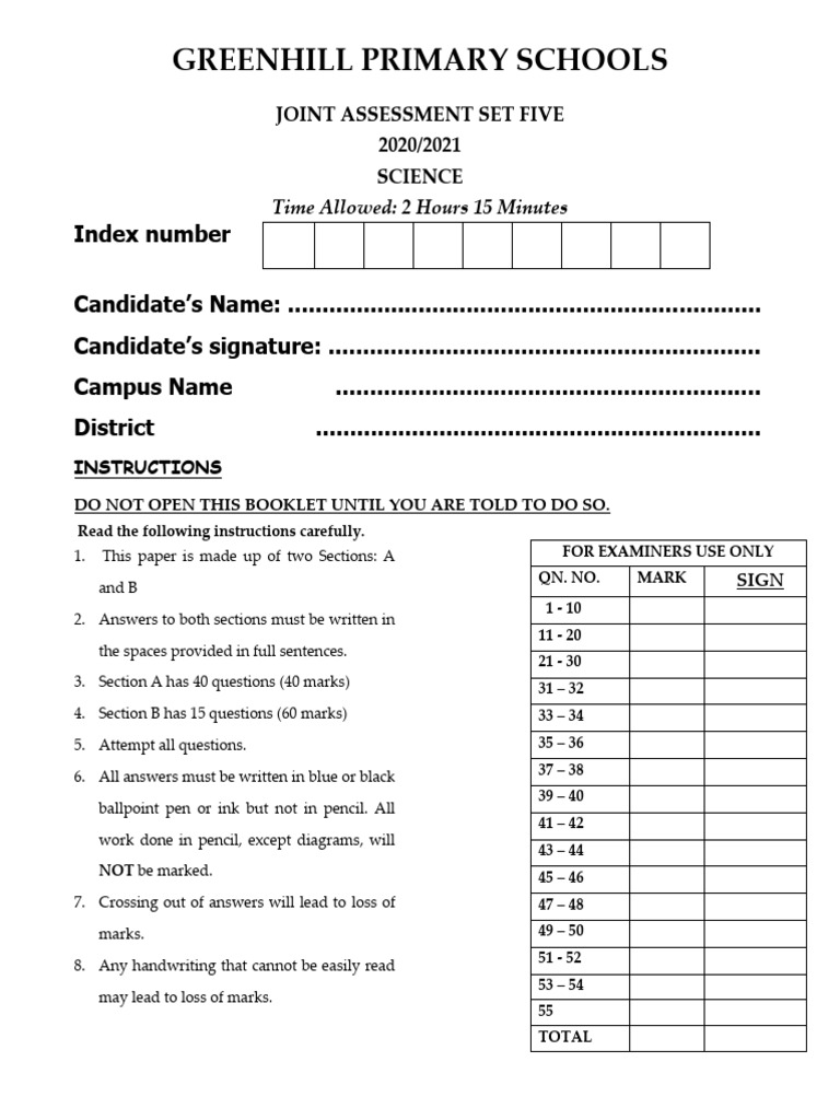 Greenhill Primary School Science Assessment | PDF | Skeleton | Plants