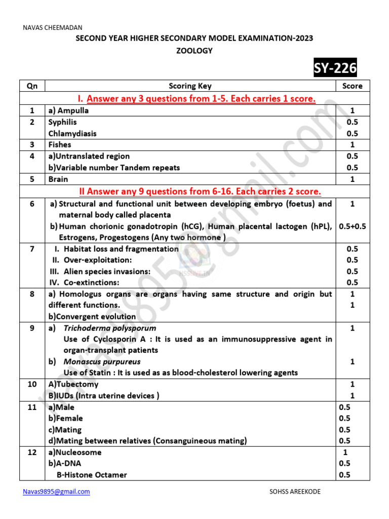 Hsslive Xii Model Exam Feb 2023 Key Zoology Navas | PDF | Neoplasms | White Blood Cell
