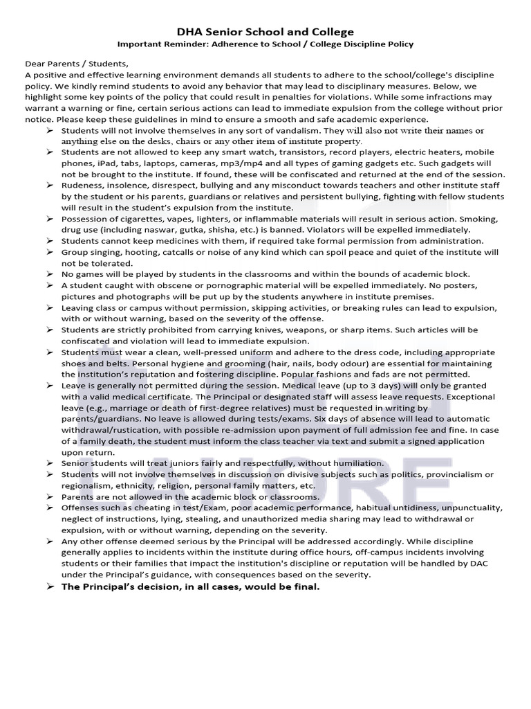 Main Points of Discipline Policy For Srudents of DHA S.S.College | PDF ...