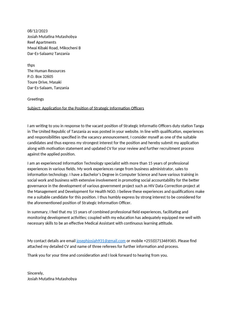Application Letter - Josiah Mutatina 2023 | PDF