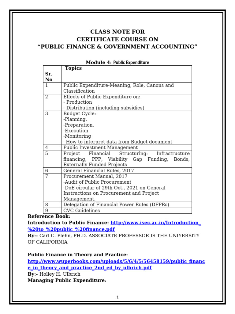 Class Note For Certificate Course On "Public Finance & Government ...