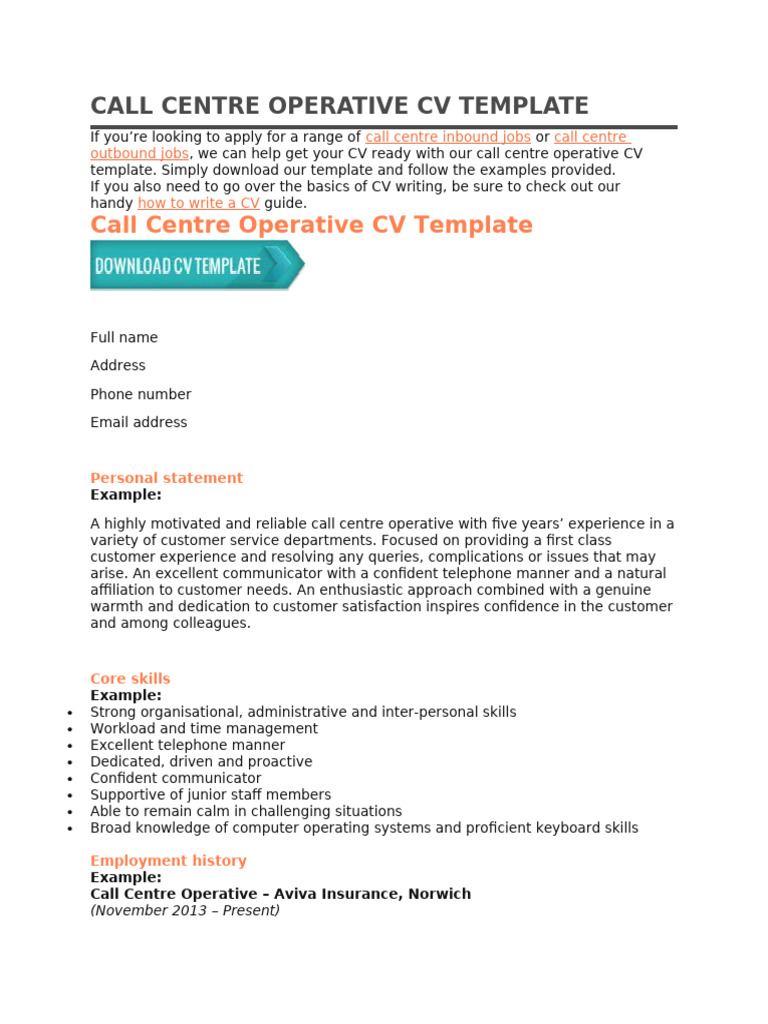 CALL CENTRE OPERATIVE CV TEMPLATE | PDF | Call Centre | Customer