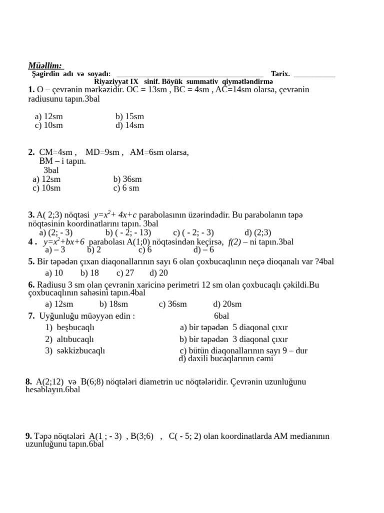 9-cu sinif Riyaziyyat BSQ -2 .. | PDF