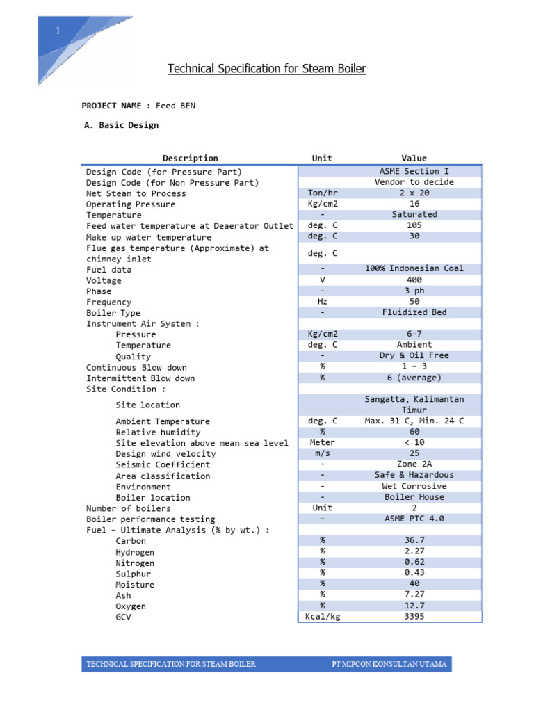 BEN Project - 2x20 TPH 20 Barg Saturated Steam Boiler Technical Specification | PDF | Boiler | Gases