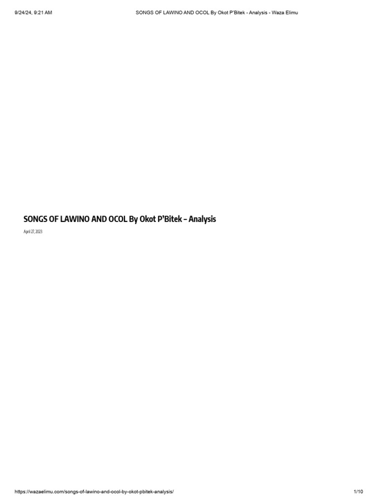 Songs of Lawino and Ocol by Okot P'bitek - Analysis - Waza Elimu | PDF ...