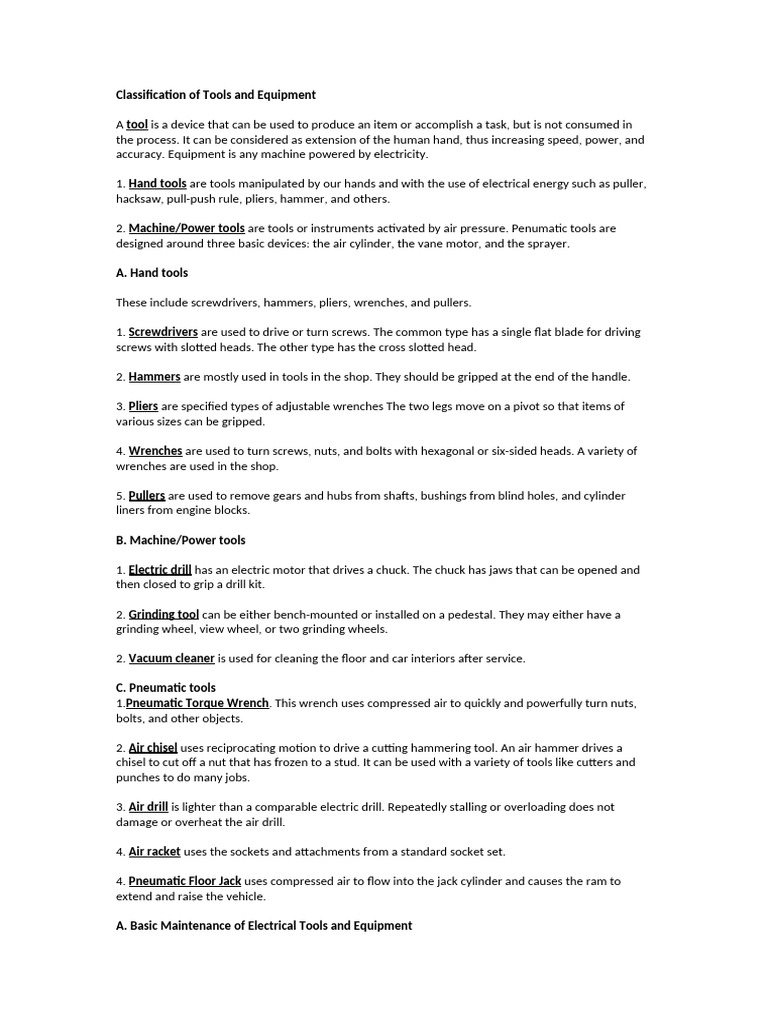 Classification of Tools and Equipment | PDF | Personal Protective ...