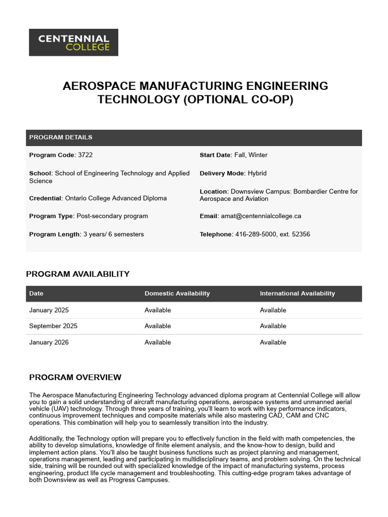 Aerospace Manufacturing Engineering Technology (Optional Co Op) Centennial College | PDF ...