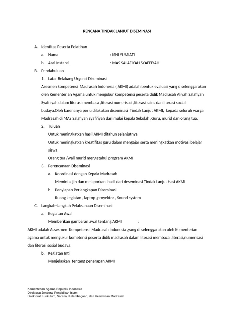 Rencana Tindak Lanjut Diseminasi AKMI | PDF | Karier & Perkembangan