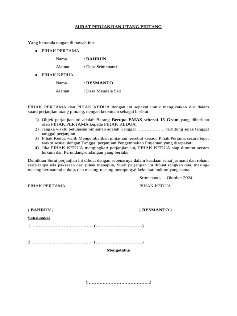 Contoh Surat Perjanjian Utang Piutang | PDF