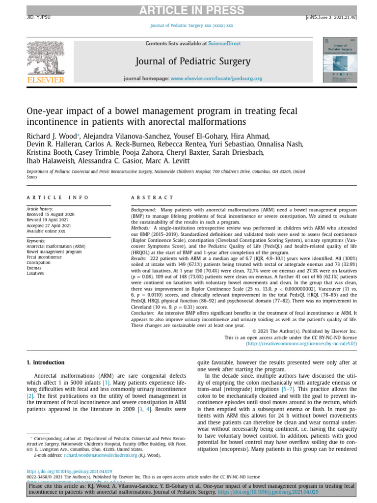 One-Year Impact of A Bowel Management Program in Treating Fecal ...