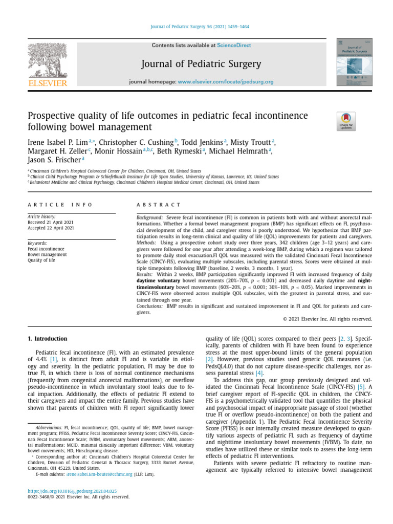 Prospective Quality of Life Outcomes in Pediatric Fecal Incontinence ...