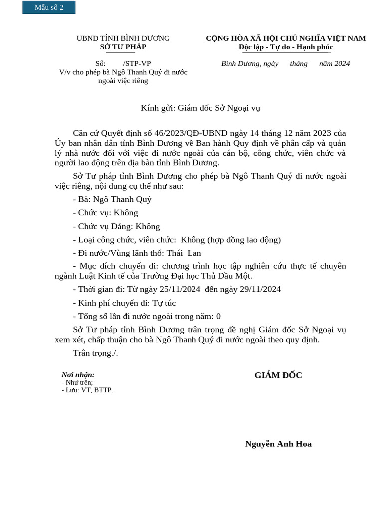 Mau So 2. Di Nuoc Ngoai Viec Rieng Final | PDF