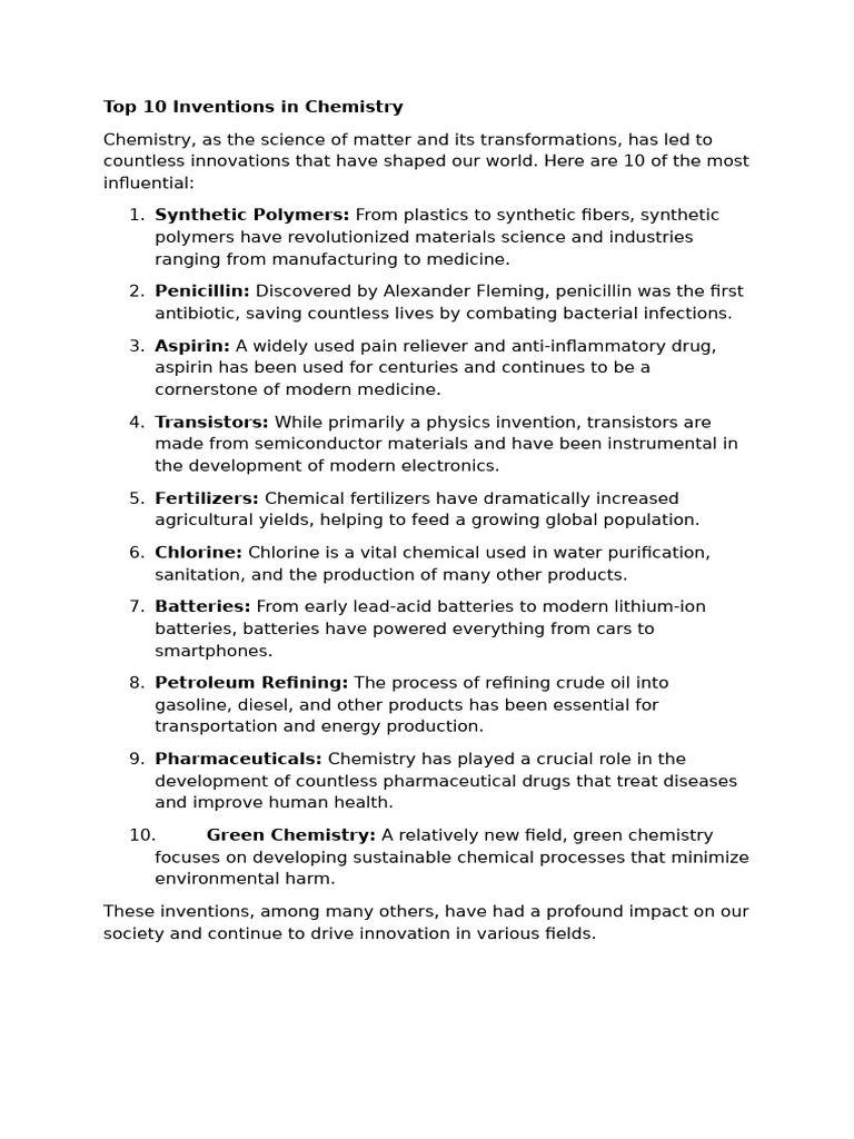 Top 10 Inventions in Chemistry | PDF | Science & Mathematics
