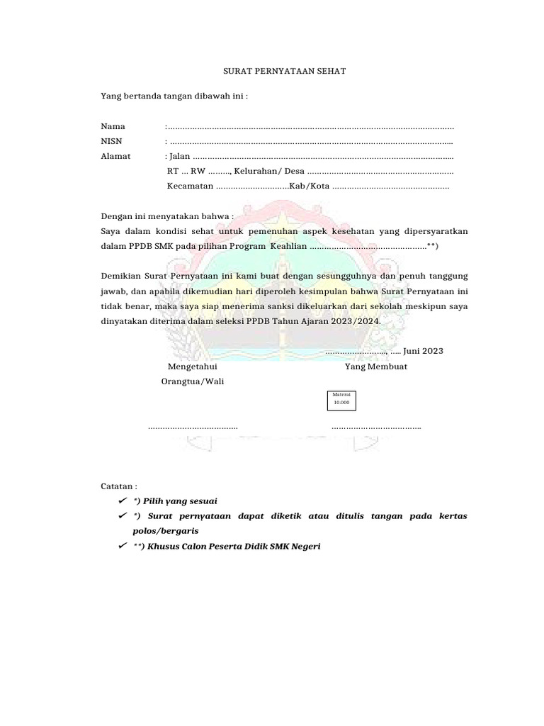 Surat Pernyataan Kesehatan | PDF