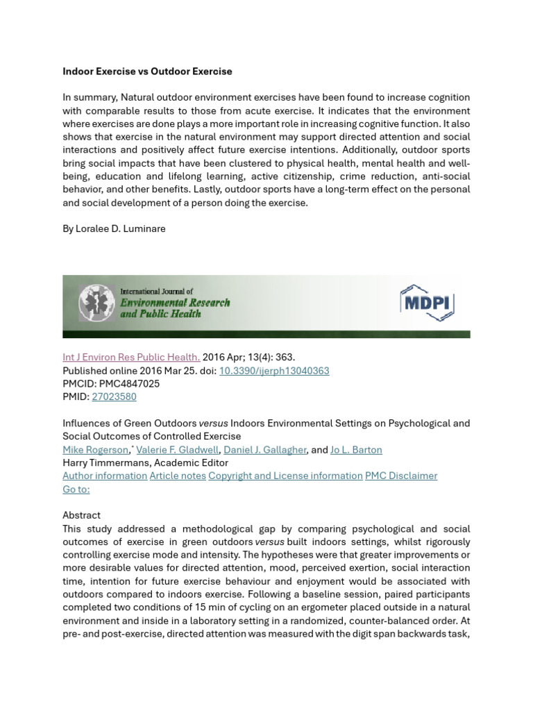 Research Indoor Exercise Vs Outdoor Exercise | PDF | Cognitive Science ...