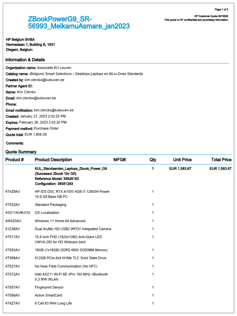 ZBookPowerG9 SR-56993 MelkamuAsmare Jan2023 | PDF | Euro | Hewlett Packard