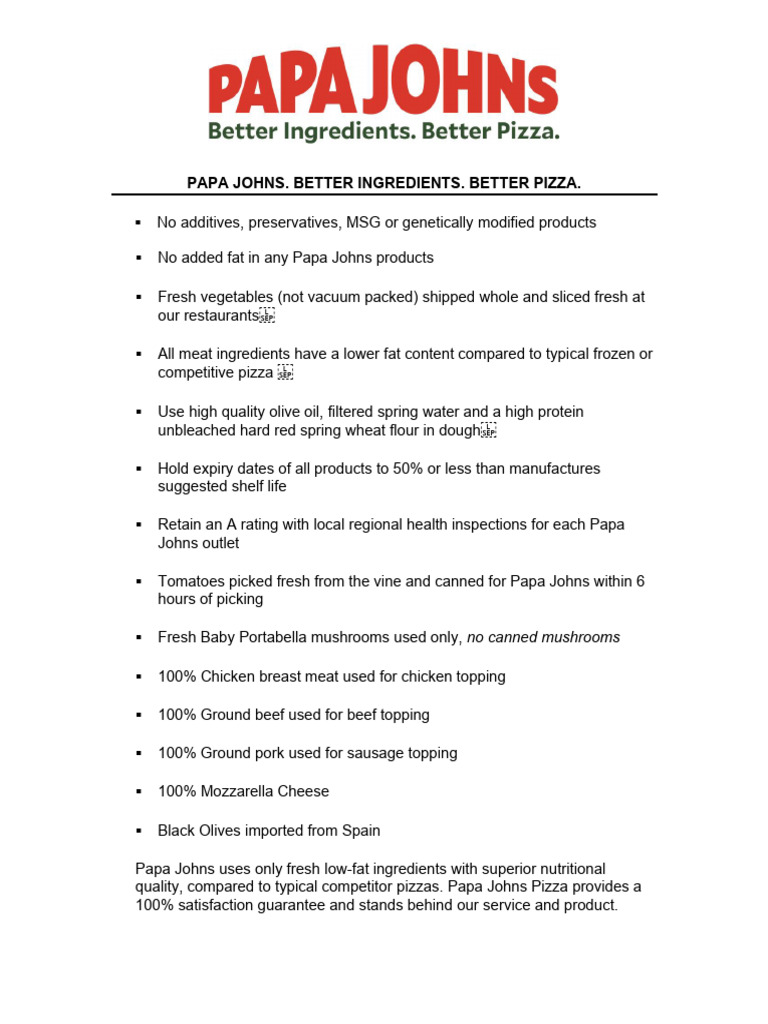 Papa John's Ingredient Quality Overview | PDF