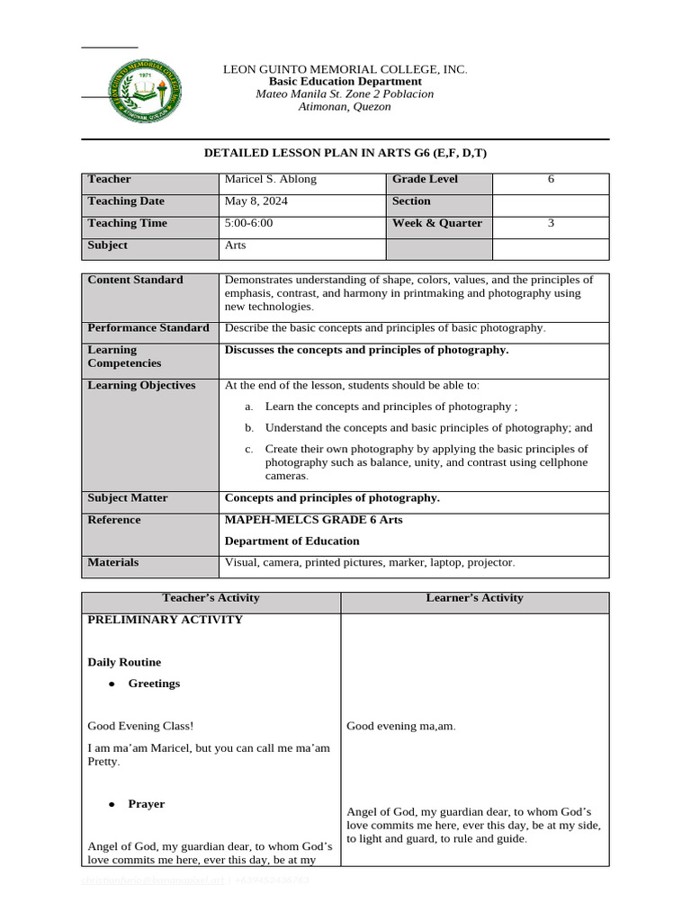 Arts-Q4-Detailed-LP | PDF | Camera | Vision