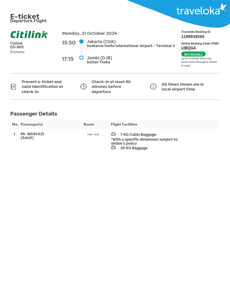 Contoh Tiket Peswat Mala Ismawati-CGK-LIBQGA-DJB-FLIGHT - ORIGINATING | PDF | Transport | Aviation