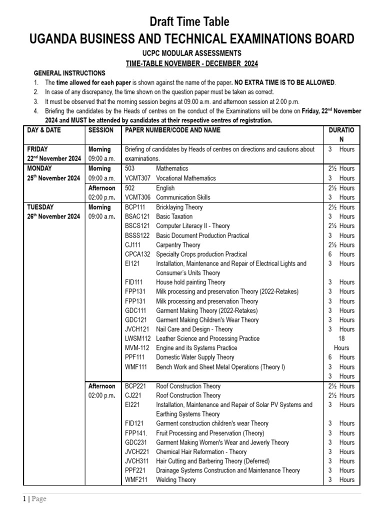 Draft Time Table For Modular UCPC Nov-Dec 2024 | PDF