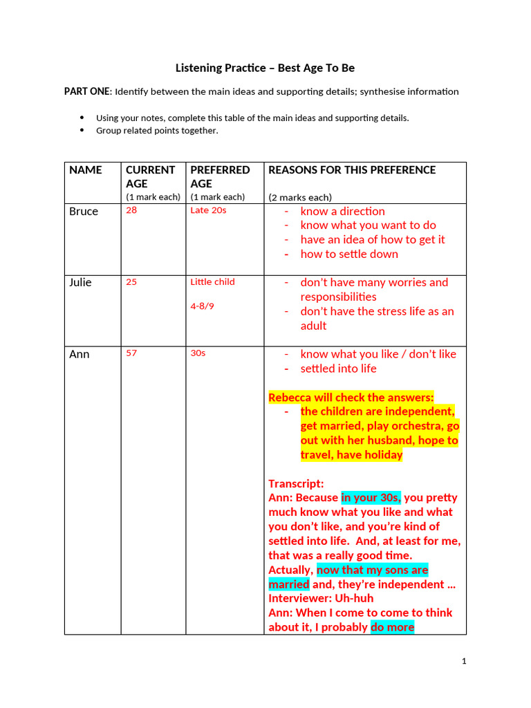 Listening Practice Answers - Best Age To Be - Task Sheet | PDF ...