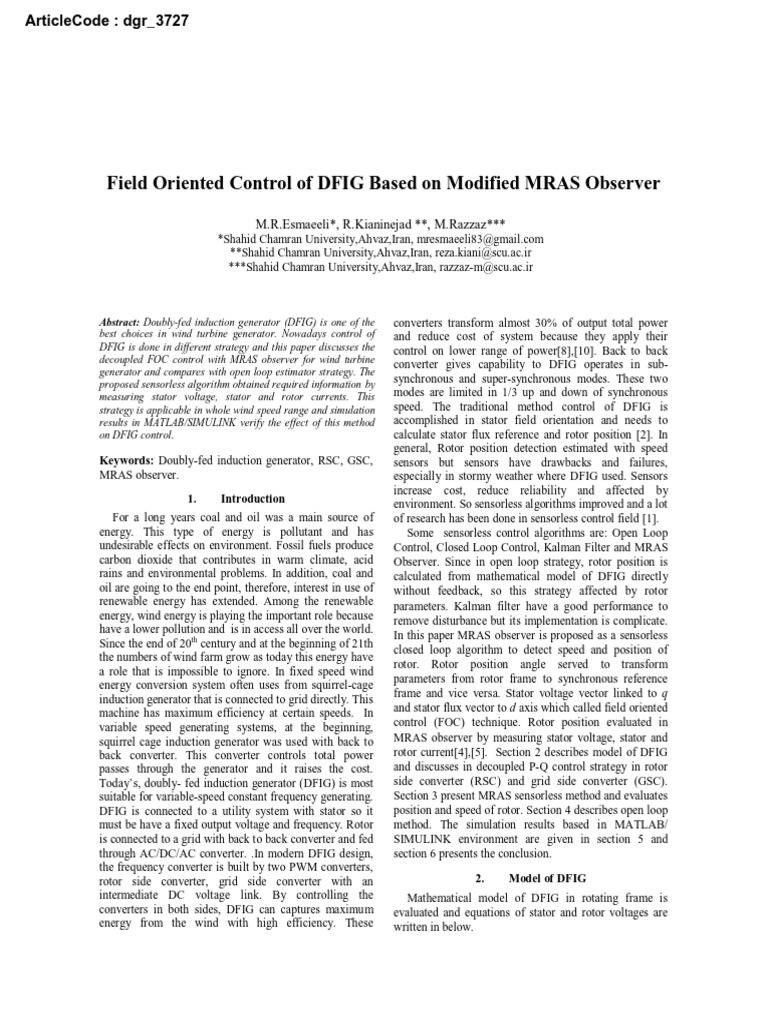 Field Oriented Control of DFIG Based On Modified MRAS Observer | PDF | Electromagnetism ...