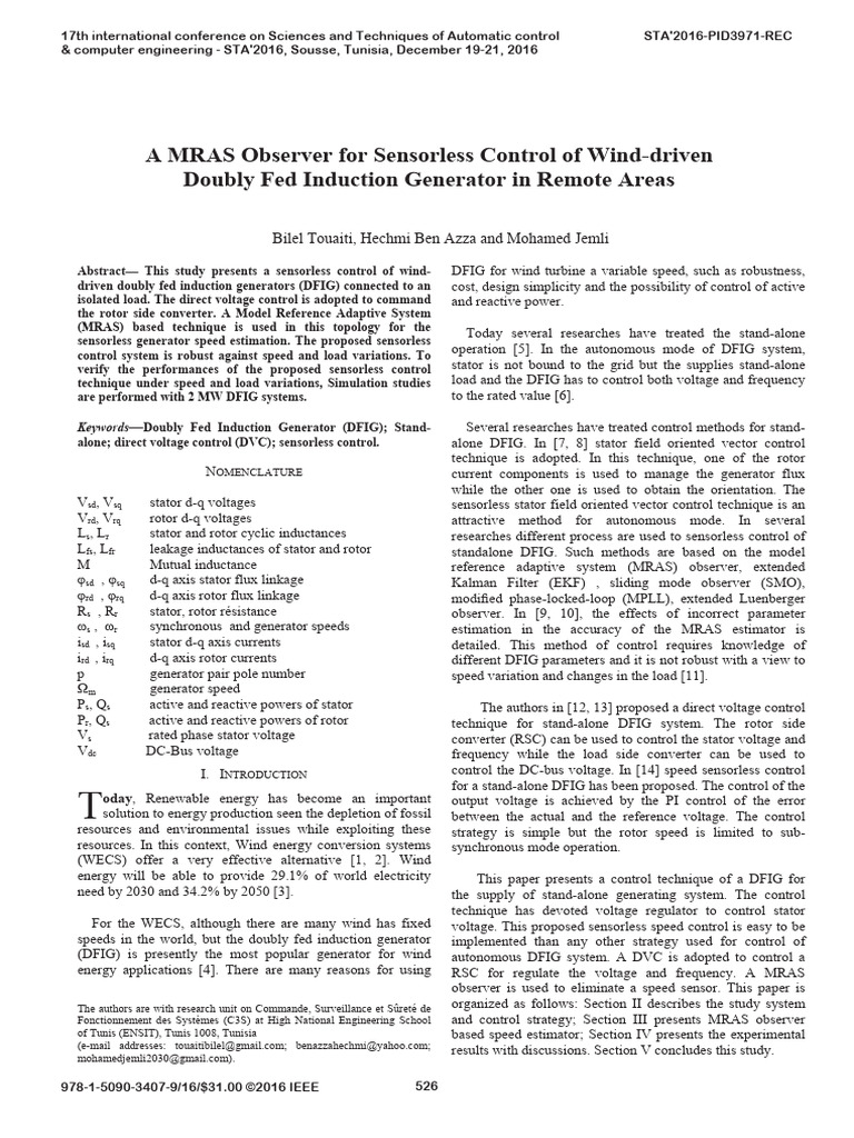 A Mras Observer For Sensorless Control Of Wind Driven Doubly Fed Induction Generator In Remote
