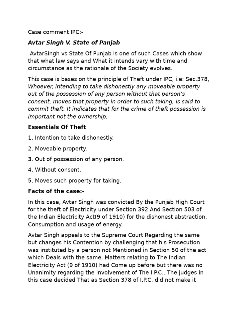 Case Comment IPC 4th Sem | PDF | Theft | Public Law