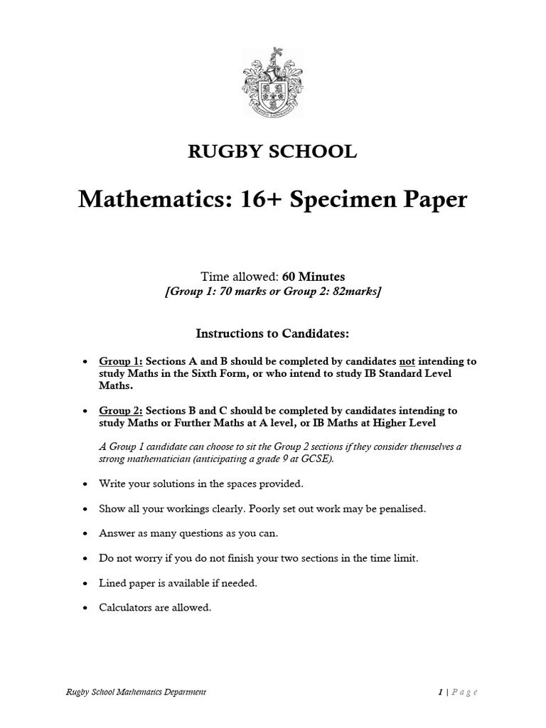 16-Specimen-Paper-Complete | PDF | Mathematics | Equations