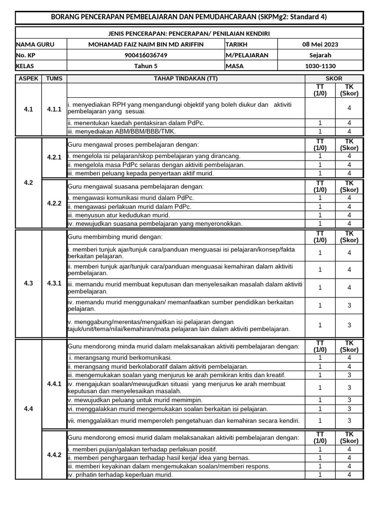 Borang Pencerapan Standard 4 PDPC | PDF