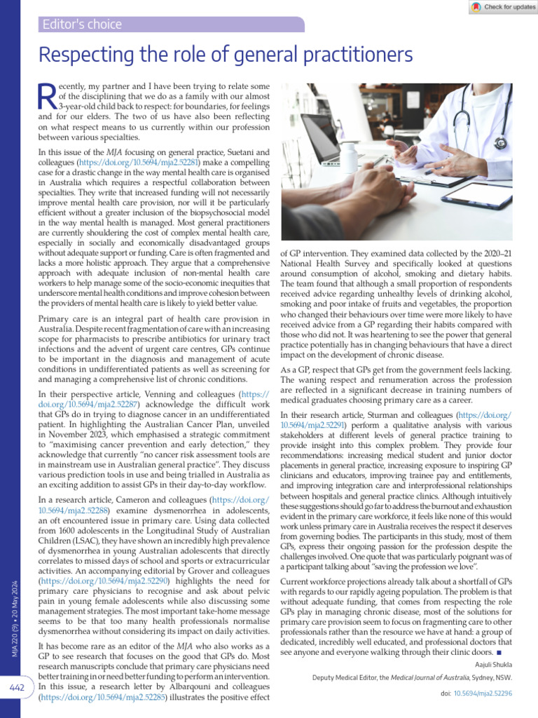 Medical Journal of Australia - 2024 - Shukla - Respecting The Role of General Practitioners ...