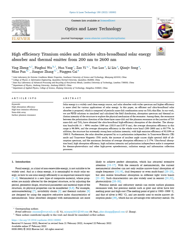 High Efficiency Titanium Oxides and Nitrides Ultra-Broadband Solar ...