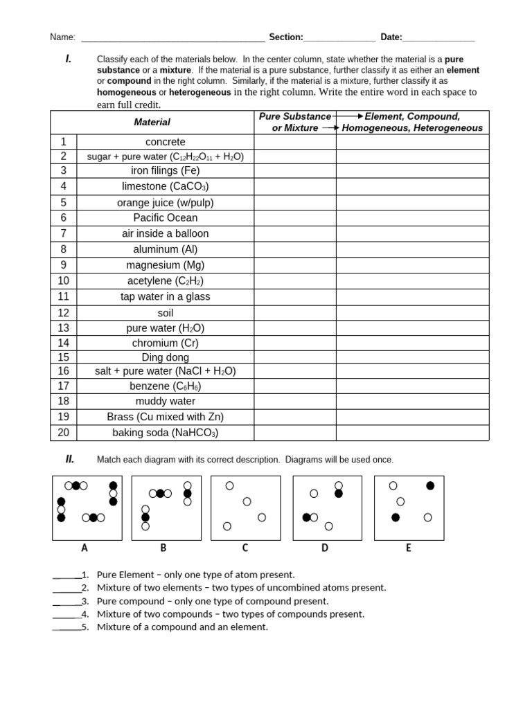 Pure Substances and Mixtures Worksheet | PDF