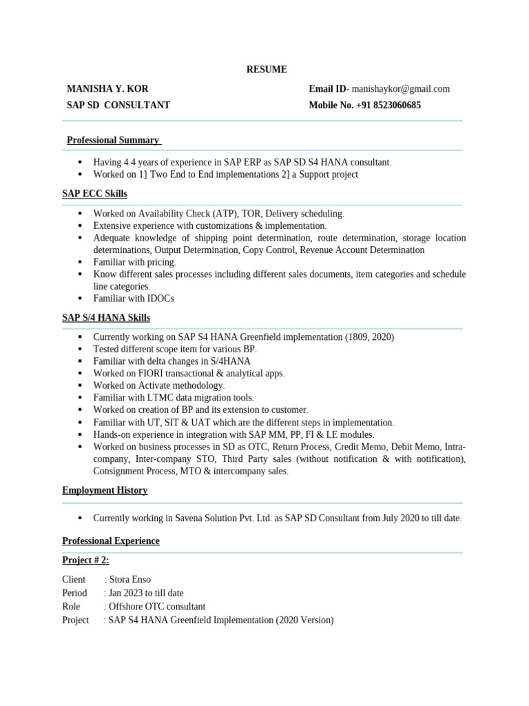 Manisha SAP SD Resume | PDF | Computing