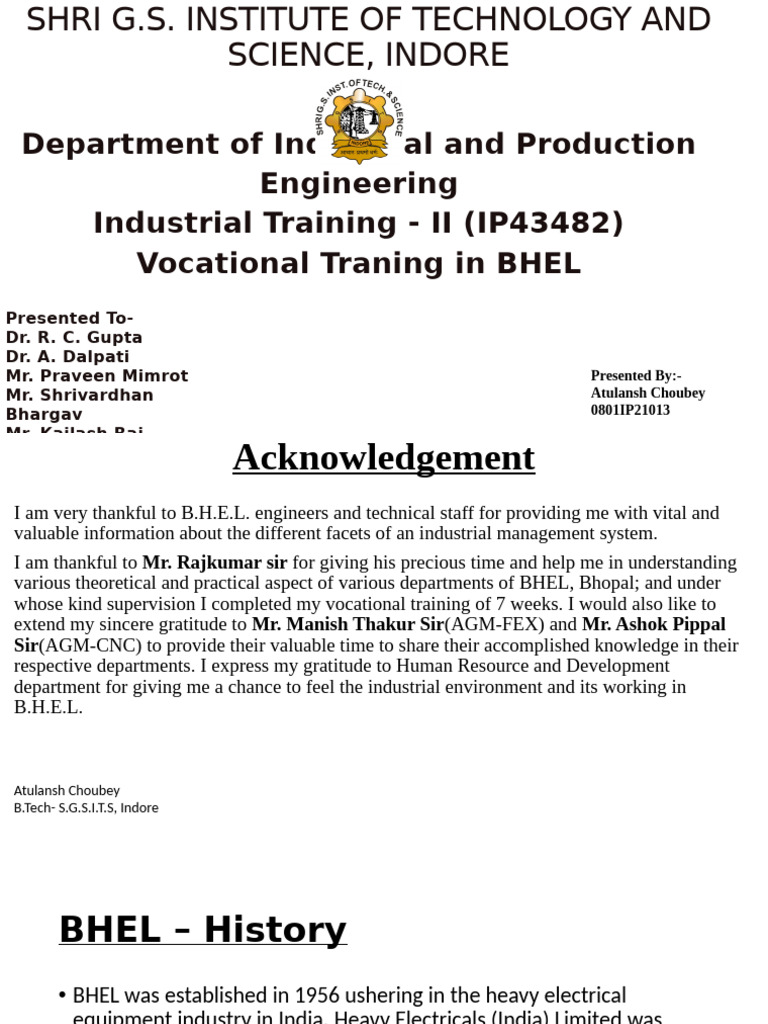 Department of Industrial and Production Engineering Industrial Training - II (IP43482 ...