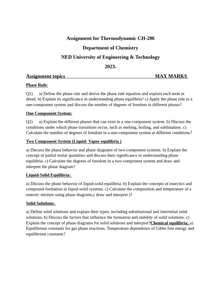 Assignment For Thermodynamic CH206 Dec 23 | PDF