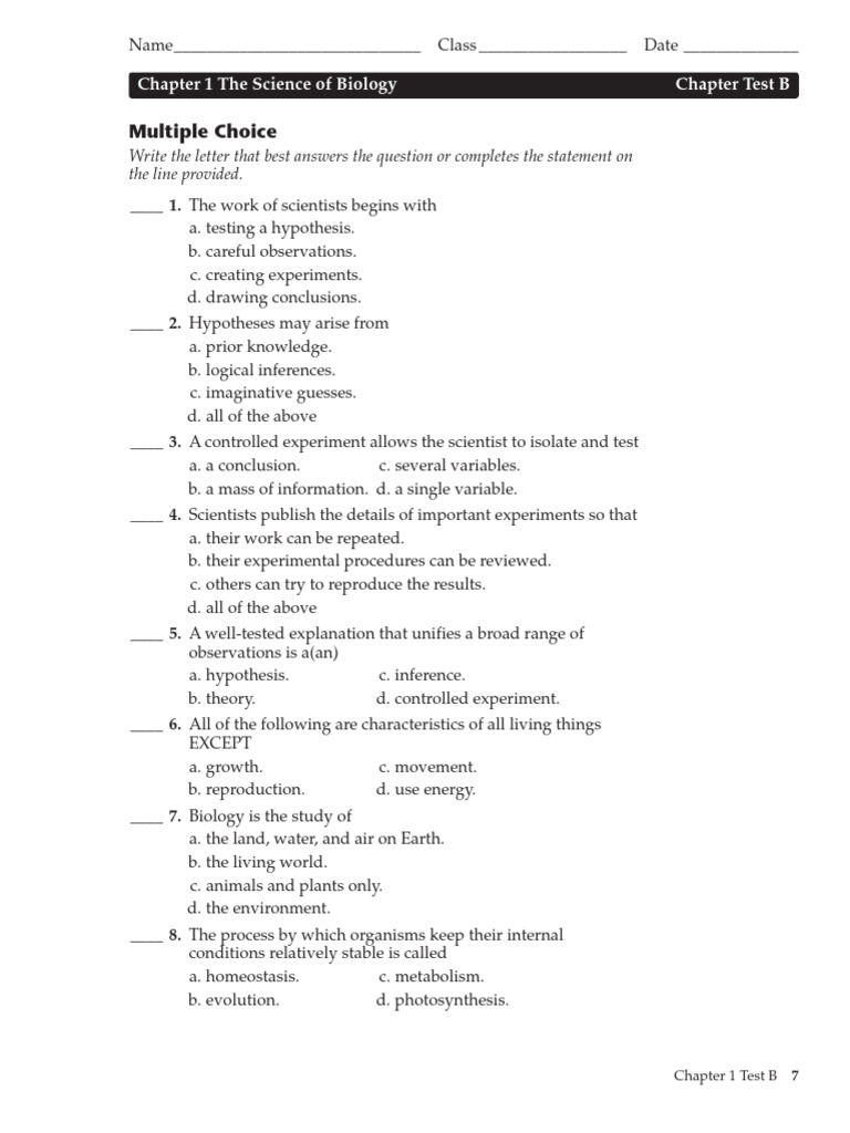 CH 1 Practice Test The Science of Biology | PDF | Litre | Kilogram