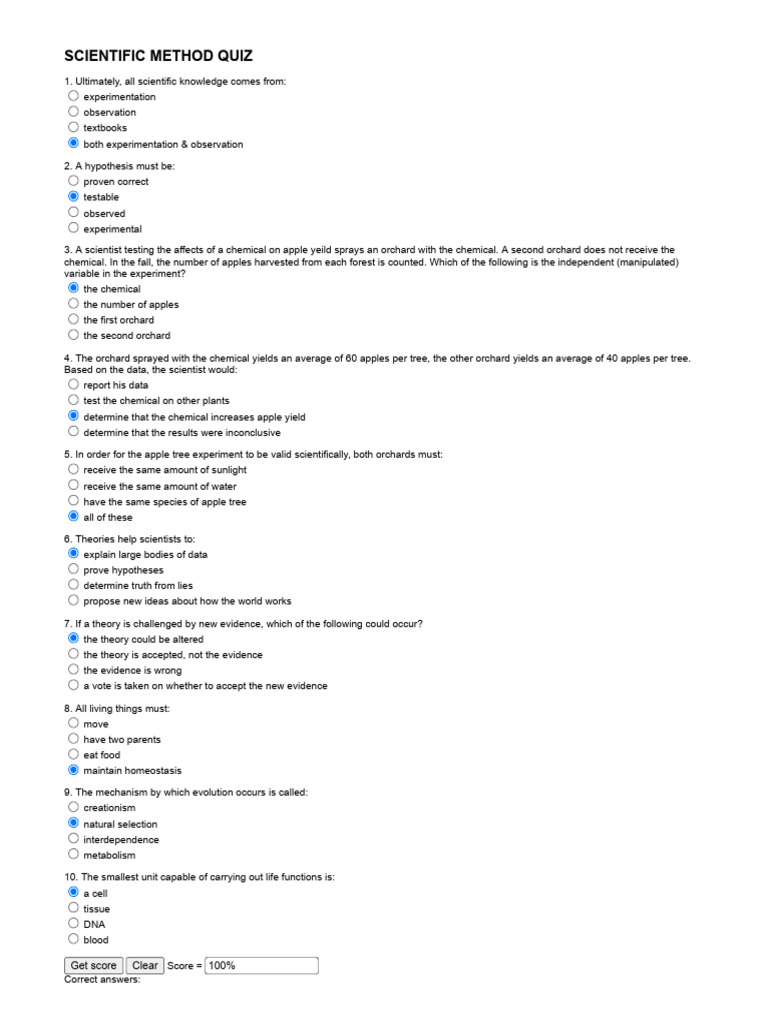 Quiz - Scientific Method and The Nature of Science | PDF
